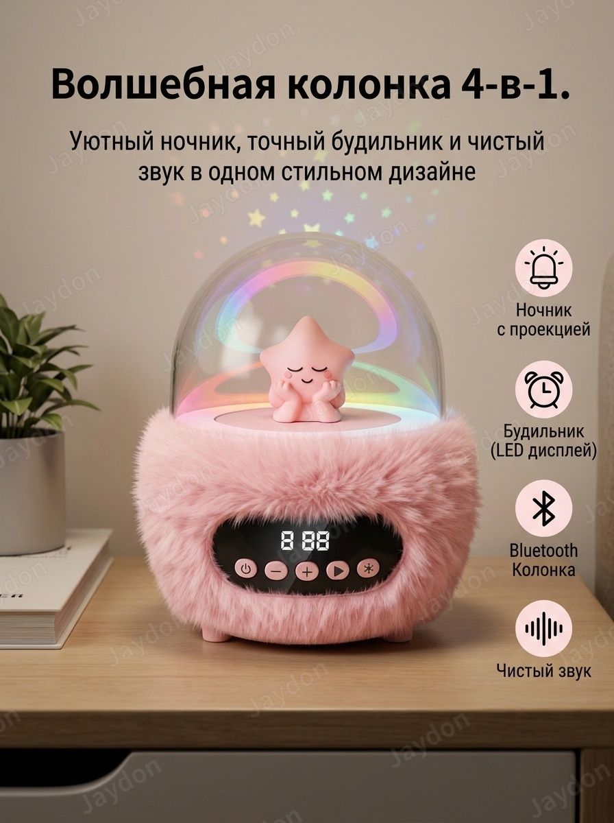 Портативная Bluetooth колонка с проекцией звёзд, функция караоке с микрофоном, дисплей часы, RGB подсветка, мягкий меховой корпус, подарок для дев