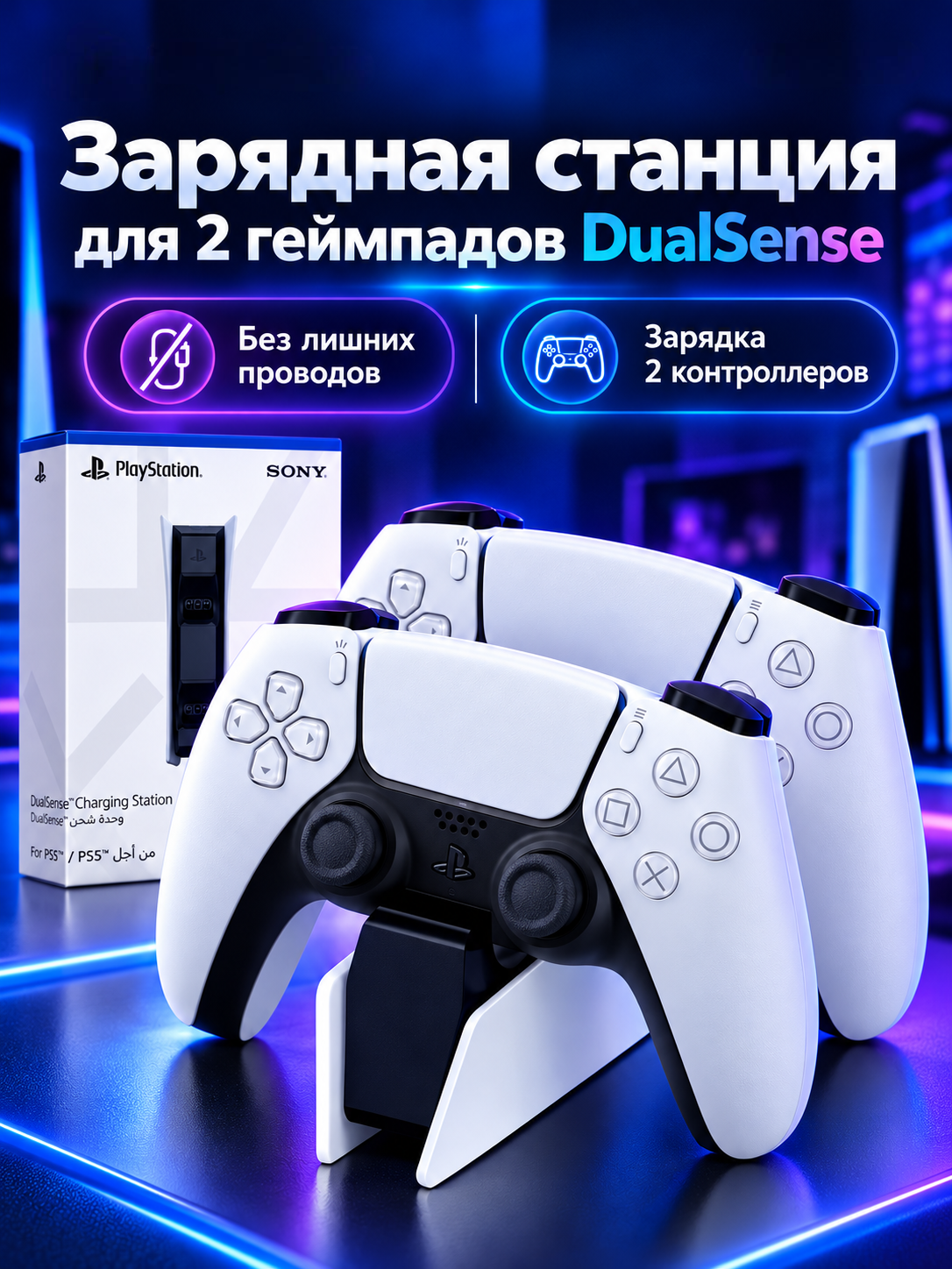 Док-станция для двух джойстиков PS5 DualSense, бело-черная, станция с одновременной зарядкой двух геймпадов