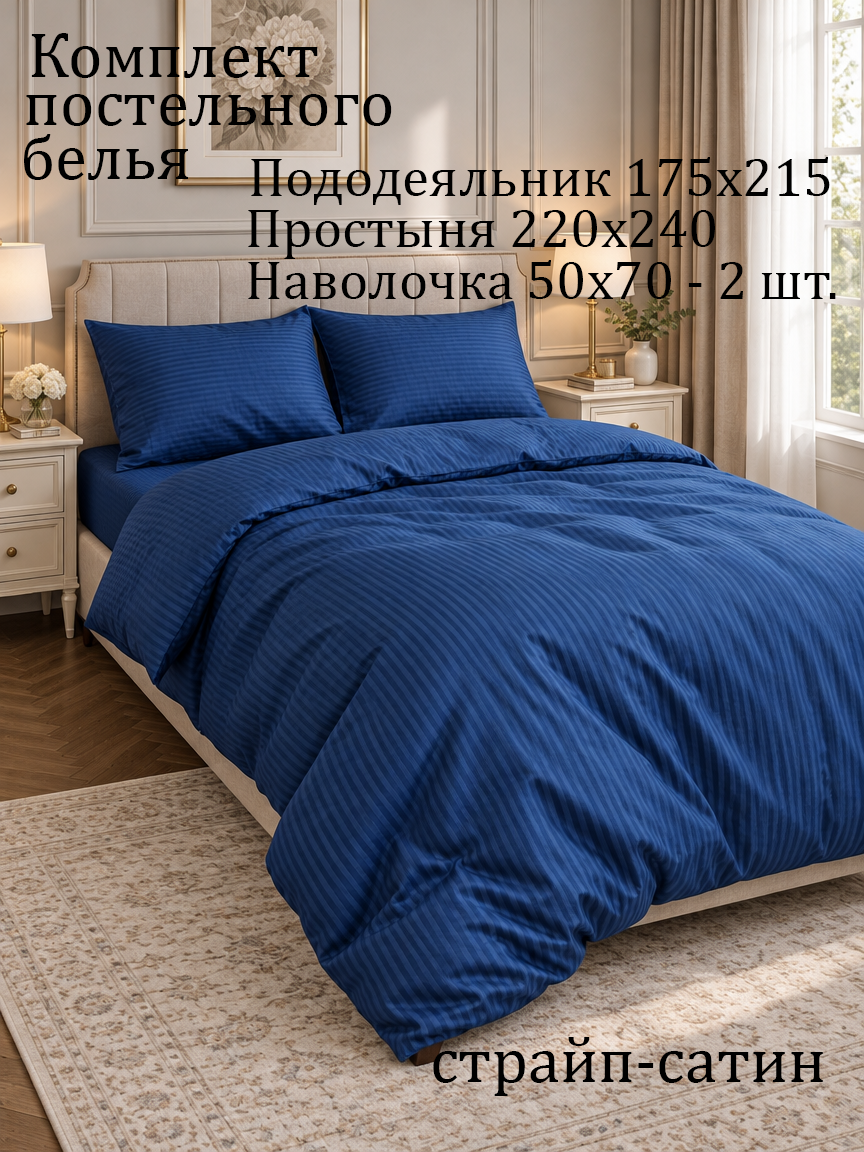 Комплект постельного белья, Бизнес Стиль, Страйп сатин, 2- спальный, наволочки 50x70, синий