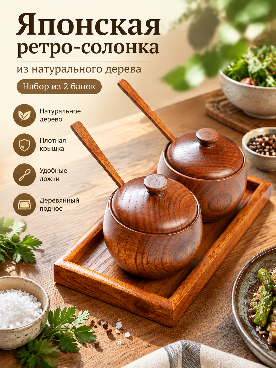 Японская ретро-солонка из дерева с крышкой и ложкой, набор из 2 банок для соли и специй на подносе