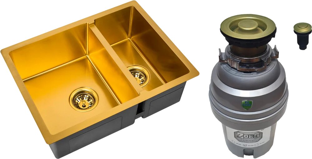 Комплект Мойка Zorg Inox PVD SZR-58-2-44 BRONZE 58x44, bronze, нержавеющая сталь / Измельчитель ZR-75 D BRONZE электрический, нержавеющая сталь