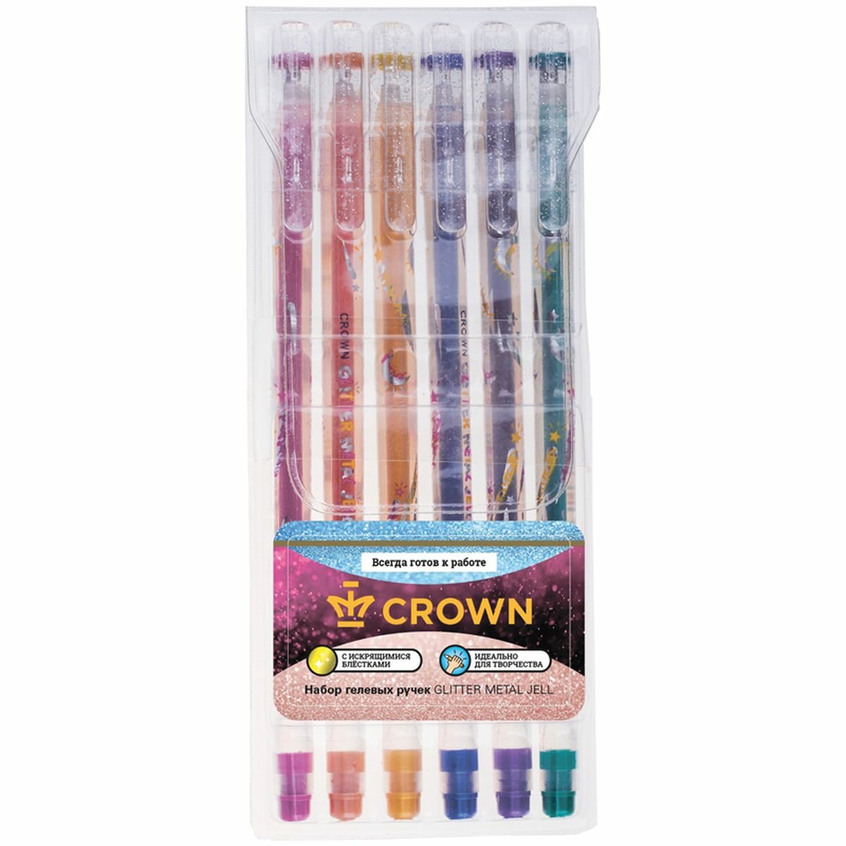 Набор гелевых ручек Crown Glitter Metal Jell (0.8мм, 6 цветов, с блестками) (MTJ-500GL/6), 30 уп.