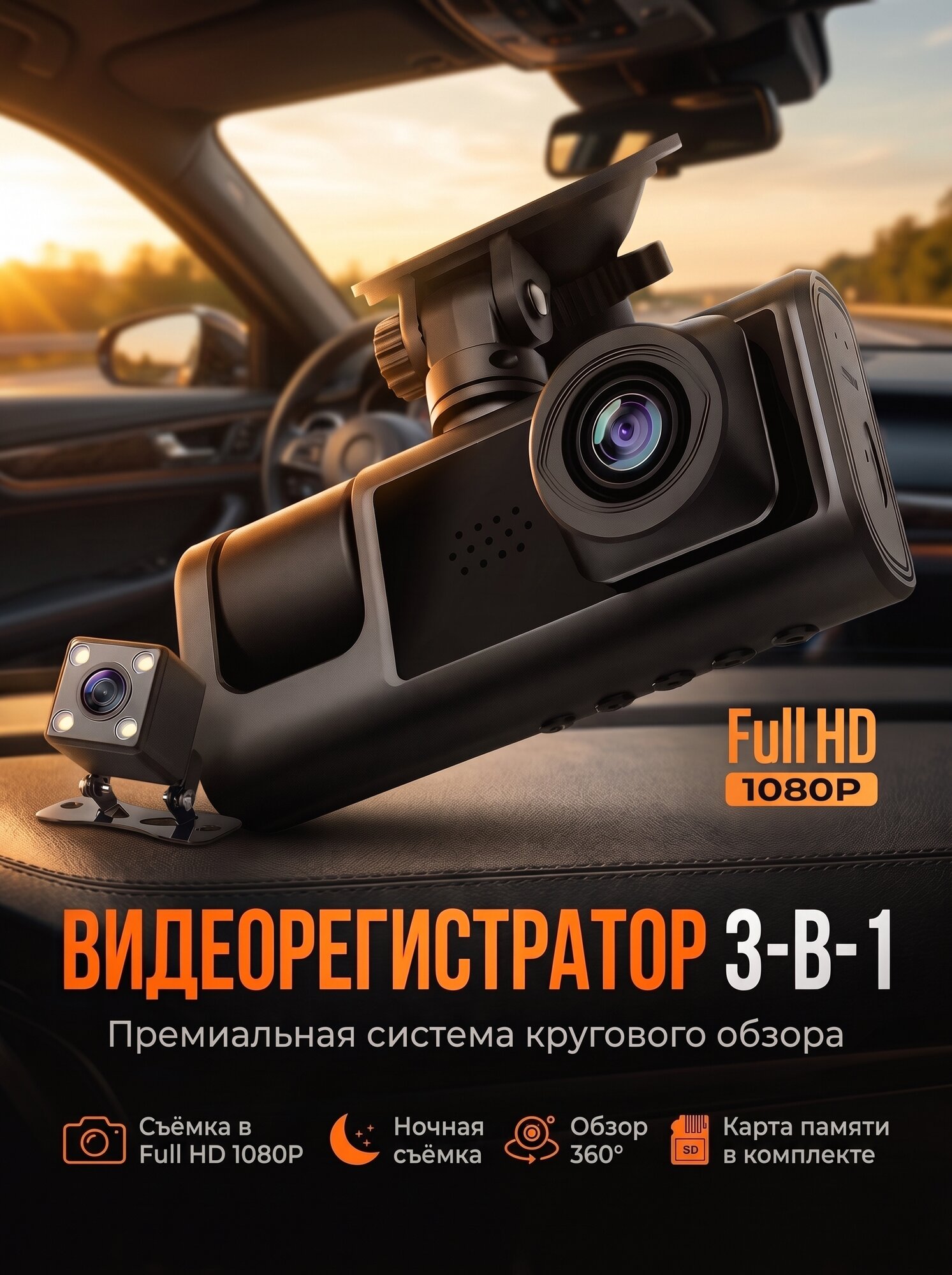 Автомобильный видеорегистратор с камерой заднего вида, с дисплеем, Авторегистратор, G-сенсор, c картой памяти