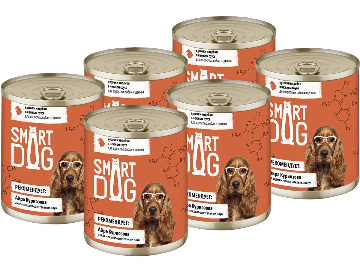 Корм влажный Smart Dog для собак и щенков, кусочки, индейка в соусе, 240 г 6 шт