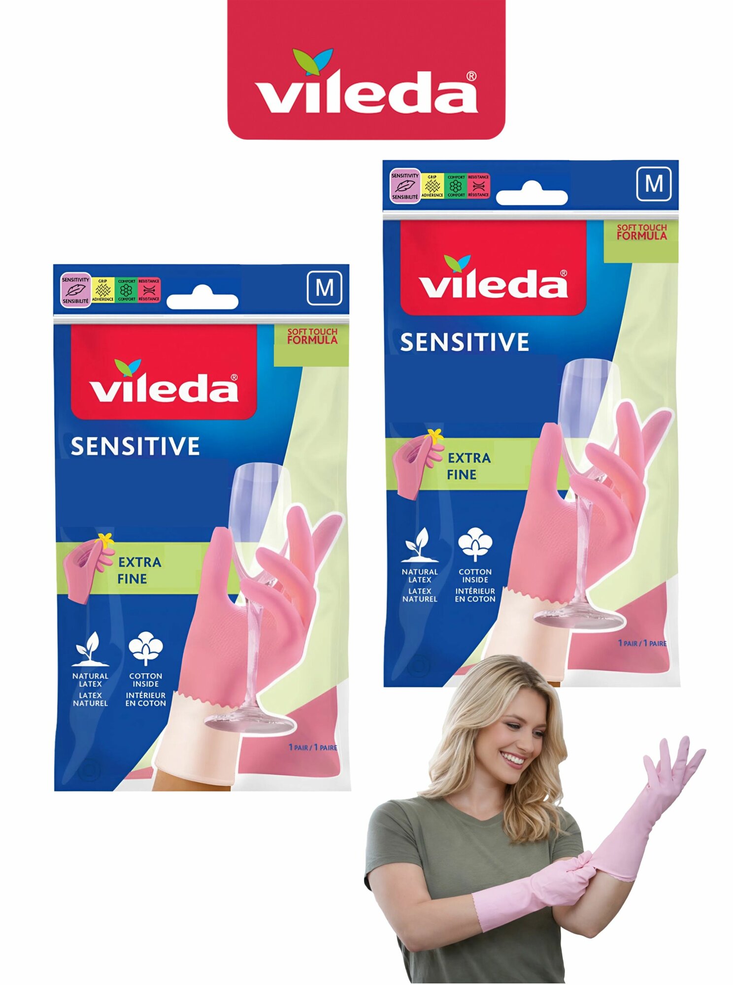 Перчатки латексные для деликатных работ Vileda Сенситив, Sensitive, комплект 2 пары - 4 шт, размер M/8, цвет: розовый, 105393-2