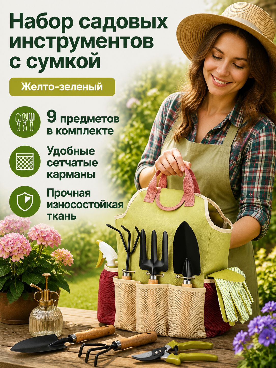 Набор садовых инструментов 9 шт высокоуглеродистая сталь нескользящее покрытие рукоятки, чехол для хранения