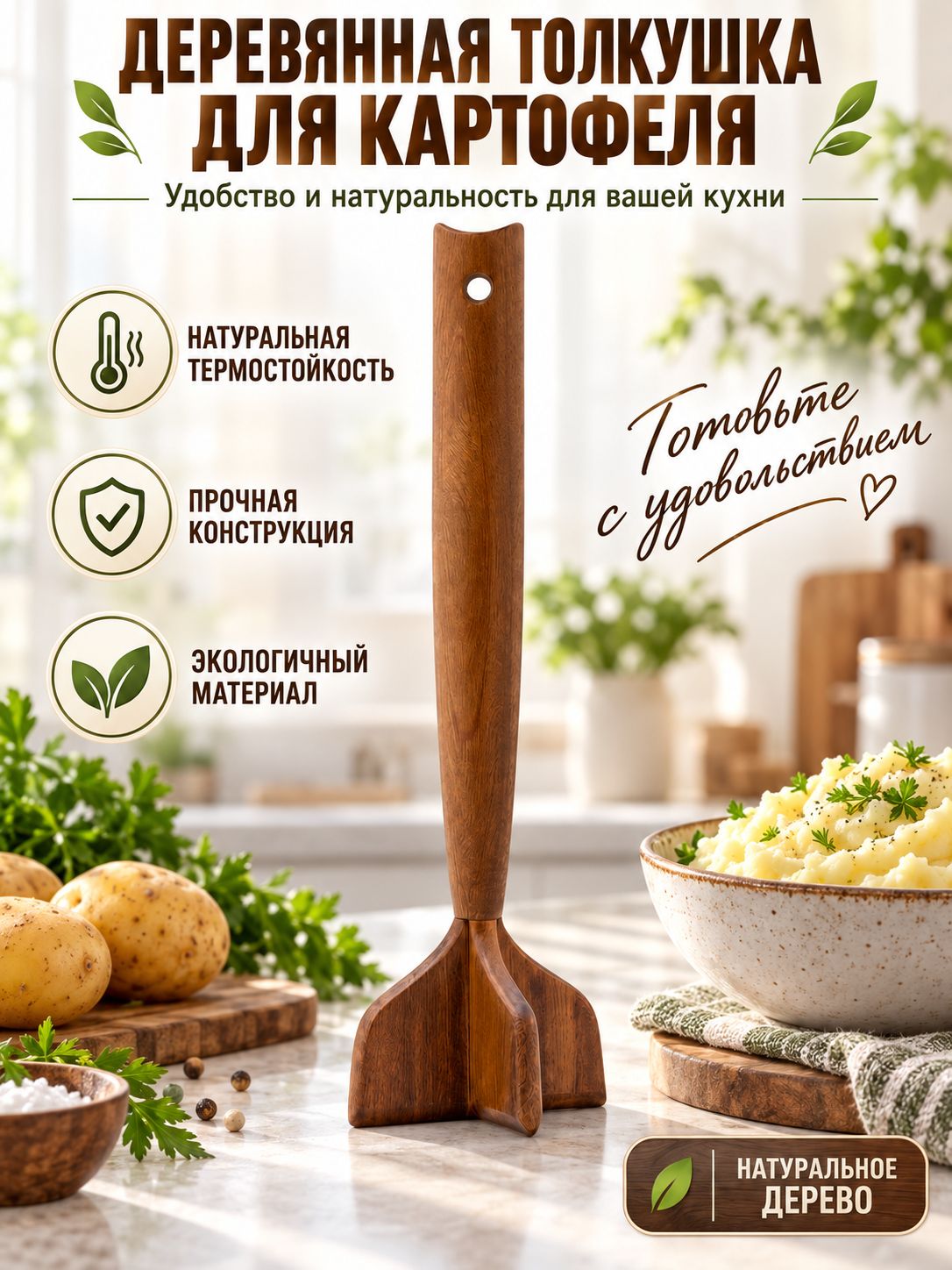 Деревянная толкушка для картофеля, экологичный материал, термостойкая, прочная конструкция для приготовления пюре на кухне
