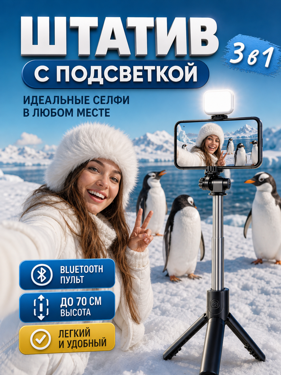 Монопод-трипод с подсветкой для смартфона, штатив для телефона