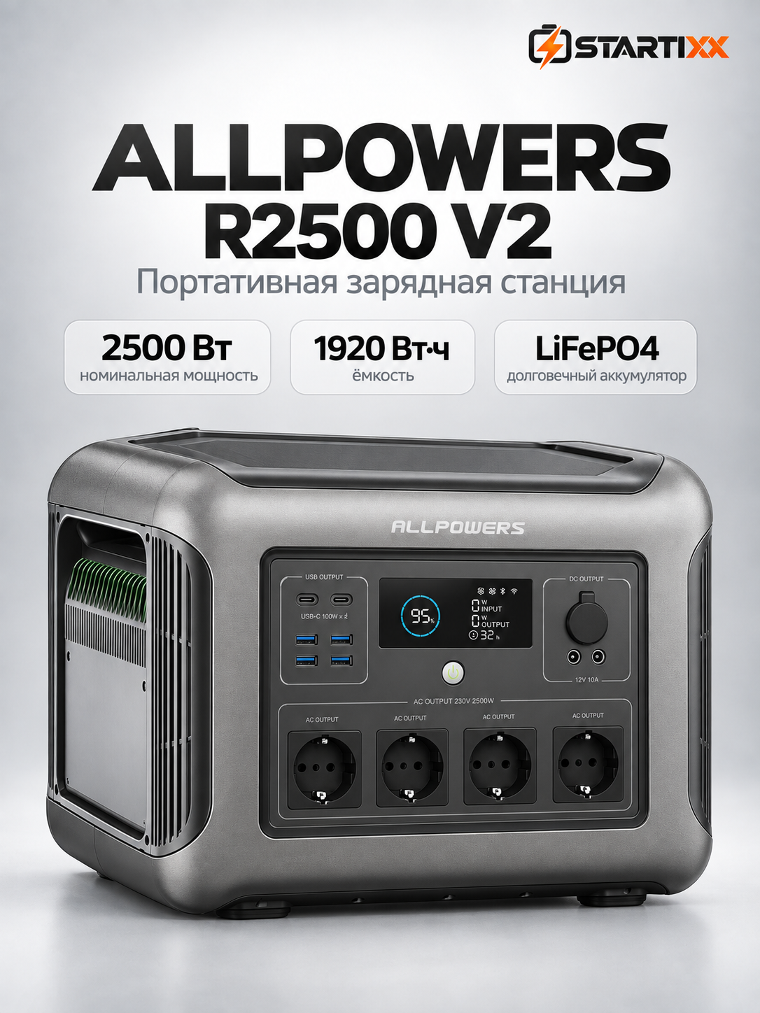 Портативная зарядная станция ALLPOWERS R2500 V2, 1920 Вт·ч, 2500 Вт, LiFePO4, 230 В