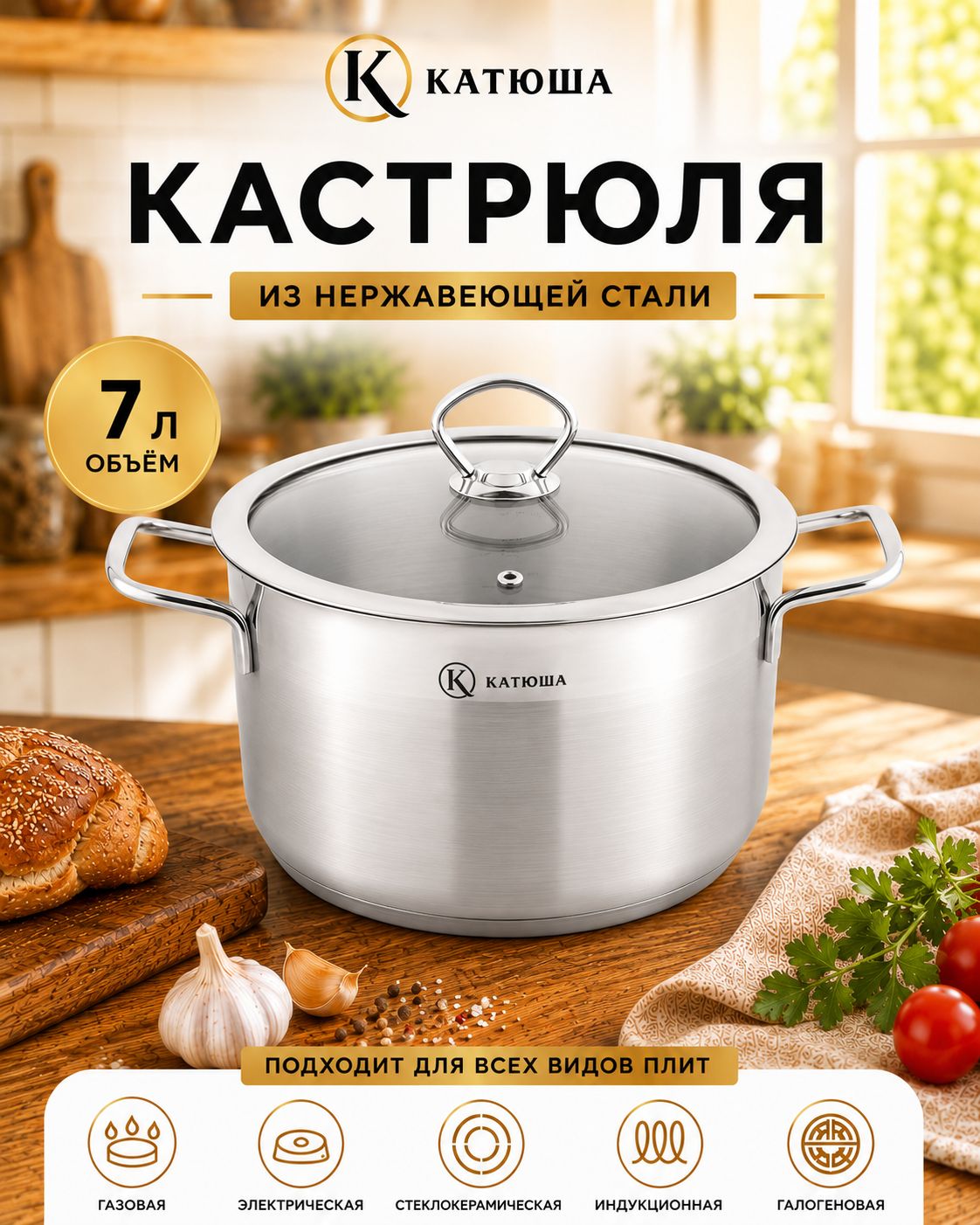 Кастрюля с крышкой 7 л София (кастрюля из нержавеющей стали)