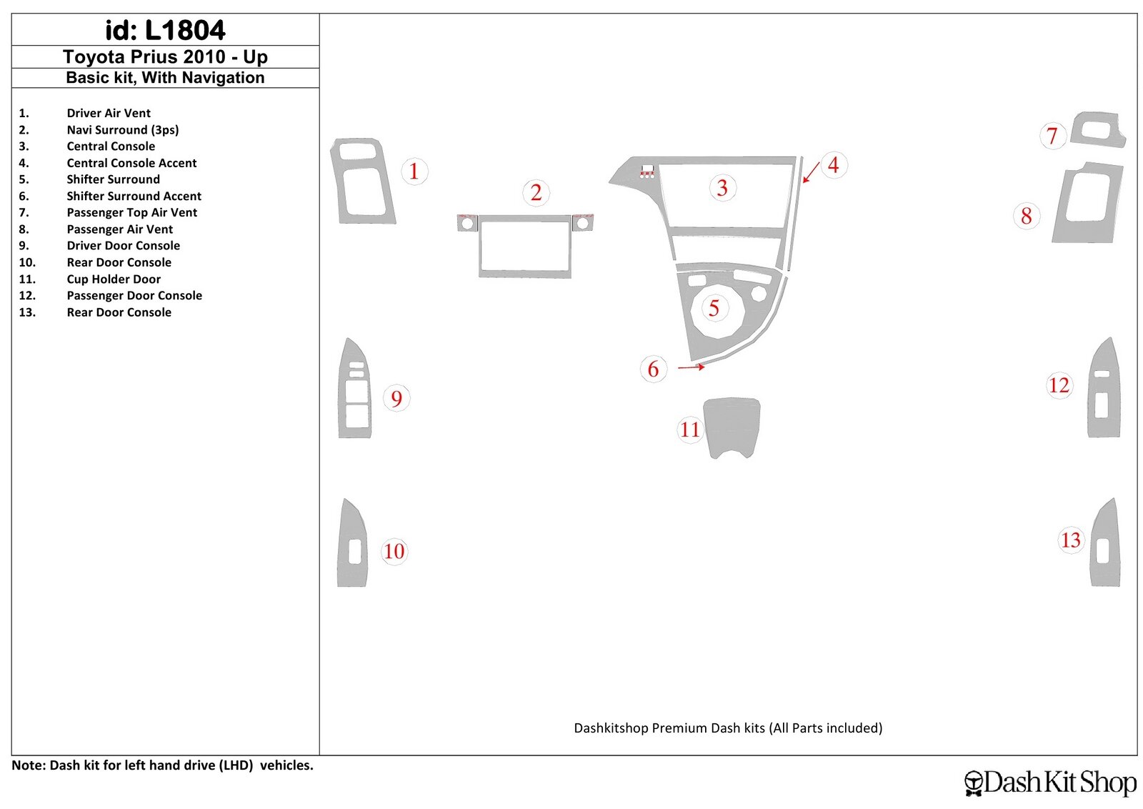 Декоративные накладки салона для Toyota Prius 2010-UP. Комплект L1804.