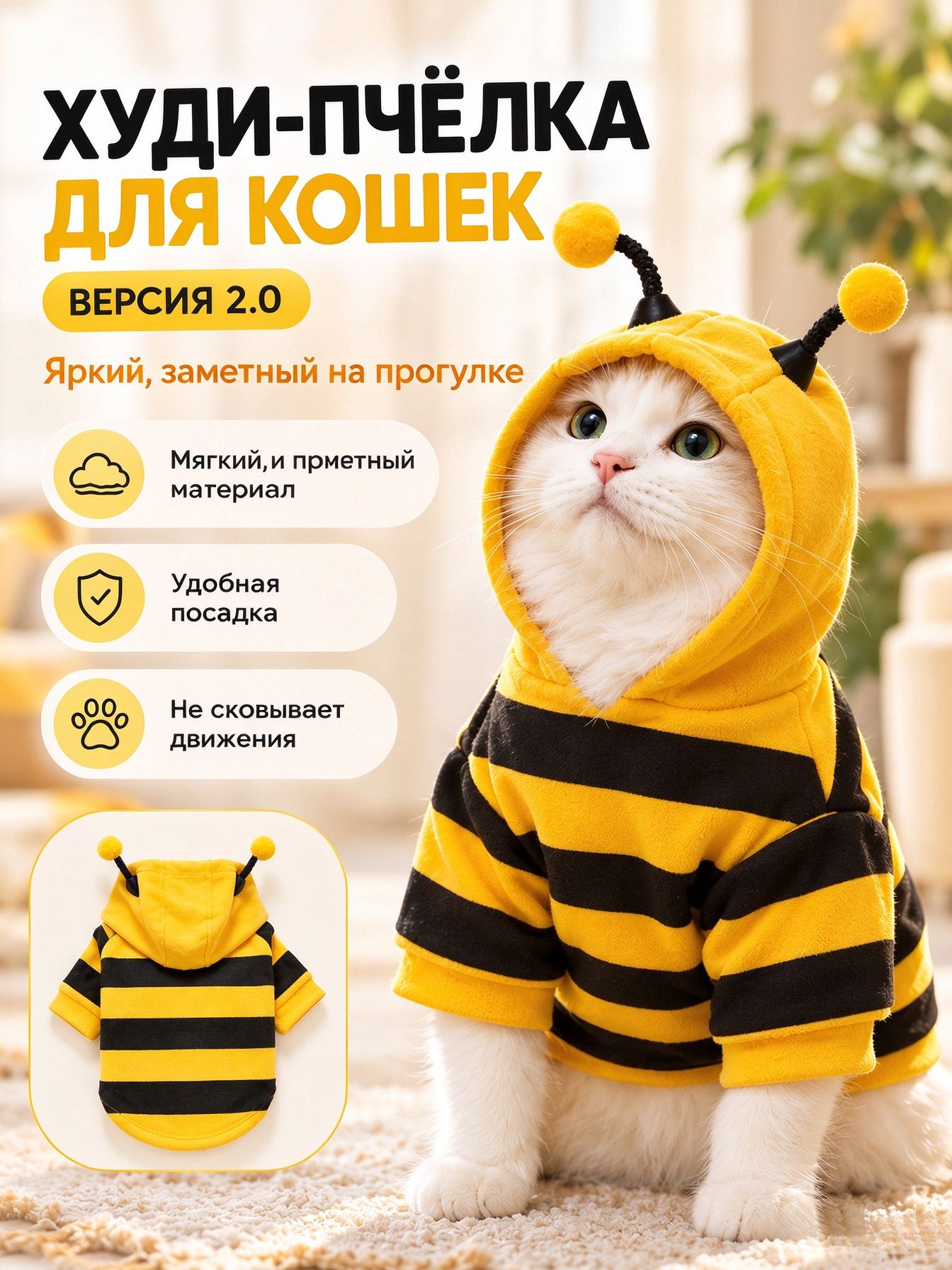 Костюм пчела для кошек, худи с капюшоном, одежда для питомца