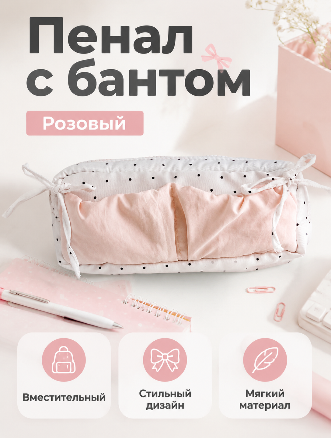 Пенал из полиэстера розовый в белый горошек с декоративными розовыми бантиками, вместительный органайзер для ручек и карандашей в корейском стиле