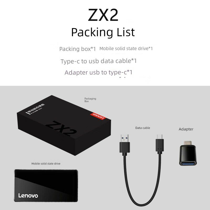 Высокоскоростной портативный SSD Lenovo ZX2 256 ГБ с интерфейсом USB 3.1 Type-C для ПК, ноутбука и смартфона