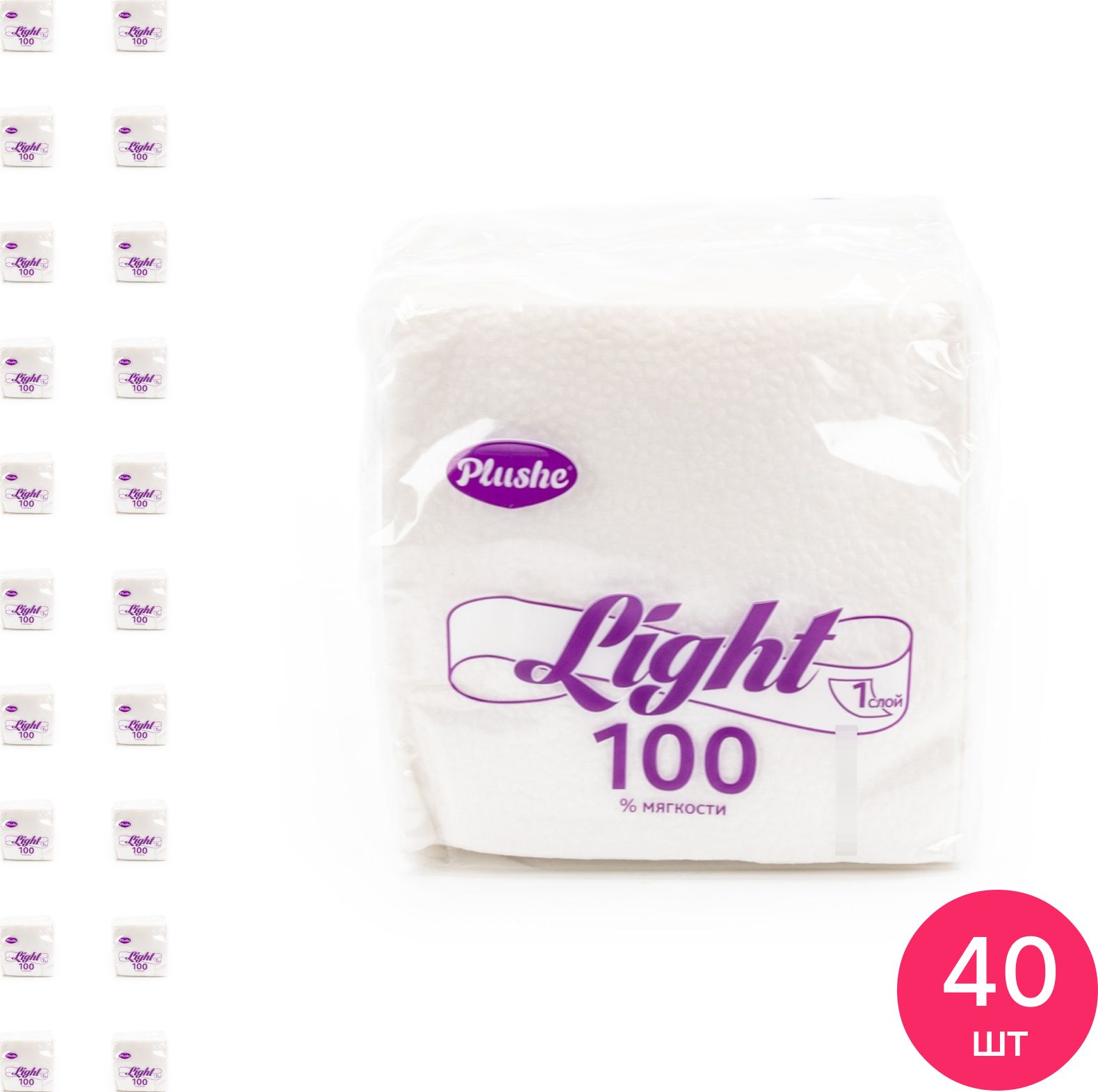Салфетки бумажные Plushe / Плюше Light 1 слой, однотонные, белые, 22.5x22.5см, 90 листов / сервировка стола (комплект из 40 шт)