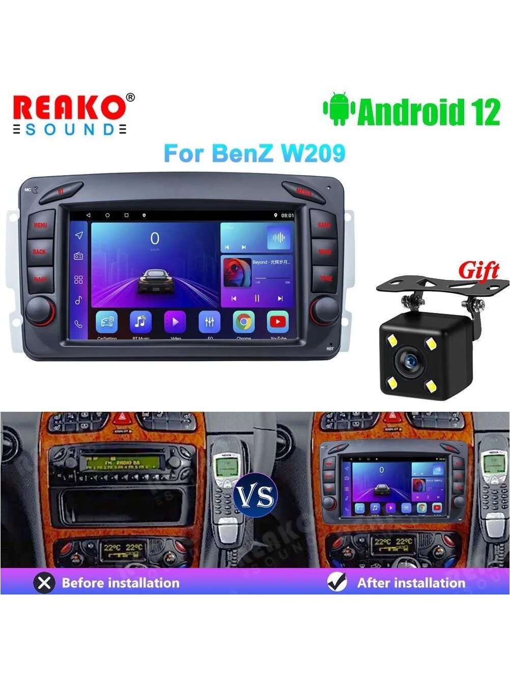 Автомагнитола REAKOSOUND 2 DIN 7 дюймов 2/32 ГБ Android 12 для Mercedes-Benz W209