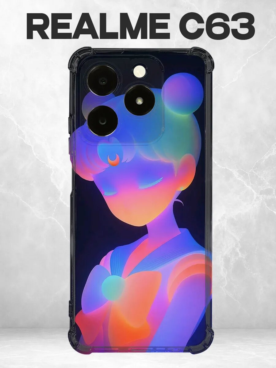 Чехол на Realme C63 с принтом Неоновая девушка с радужным се