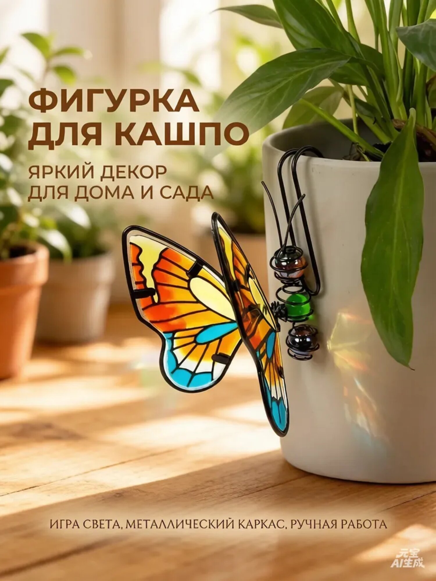 Декоративная фигурка бабочка для кашпо, металл и стекло, 10 см, оранжевый, статуэтка