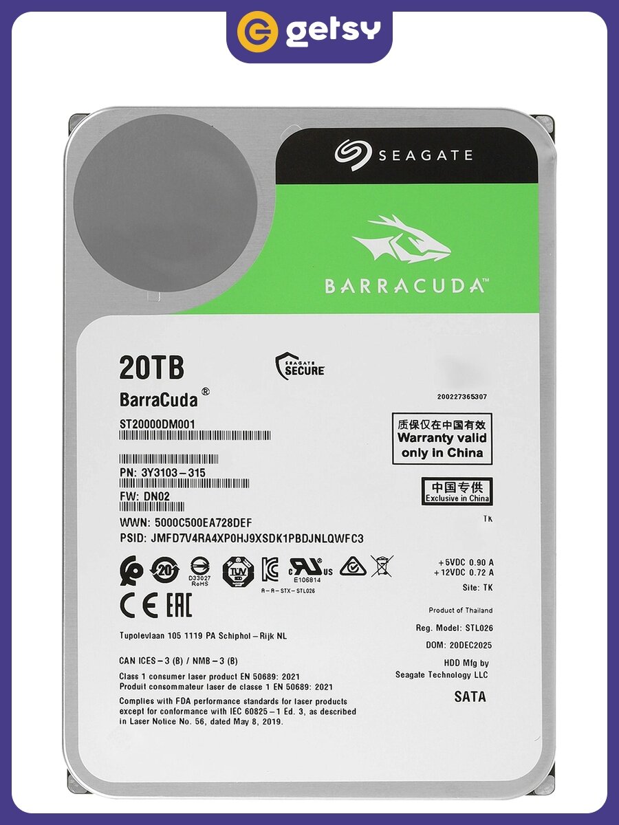 Внутренний жесткий диск Seagate BarraCuda 20Tb, 3.5", SATA III, 7200 об/мин, 6000 МБ/с, (ST20000DM001)