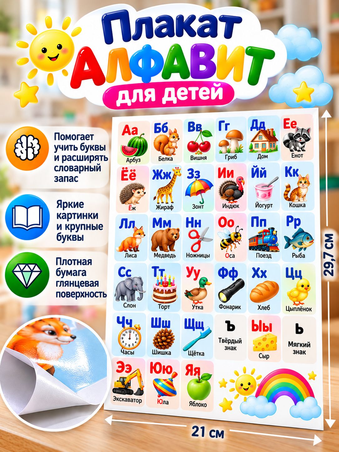 Плакат Алфавит А4 для детей русский алфавит с картинками, глянцевый