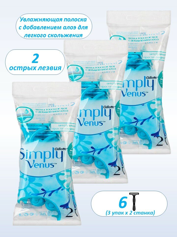 Станок бритвенный Gillette Simply Venus 2, женский, одноразовый, с 2 лезвиями, увлажняющий, голубой, 6 шт