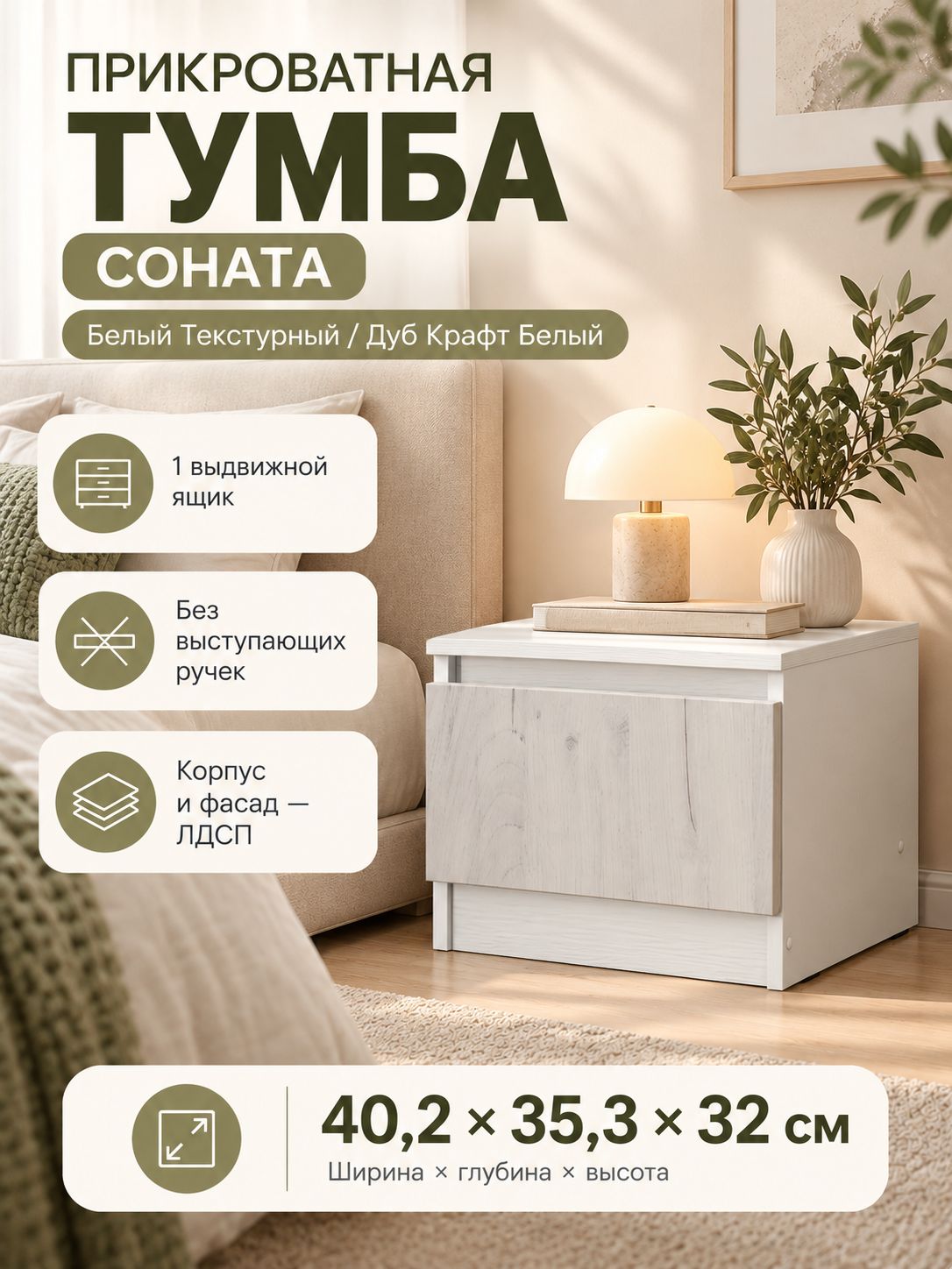 Тумба прикроватная Зарон Соната, 40,2×35,3×32 см, ЛДСП, белый текстурный/дуб крафт белый, с выдвижным ящиком