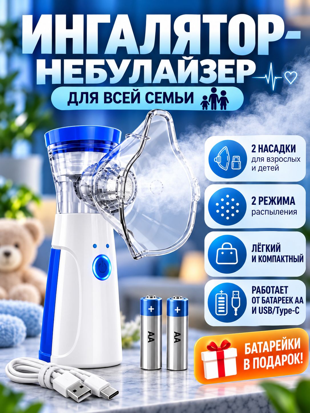 Ингалятор-небулайзер портативный для детей и взрослых, компактный, для дома и поездок
