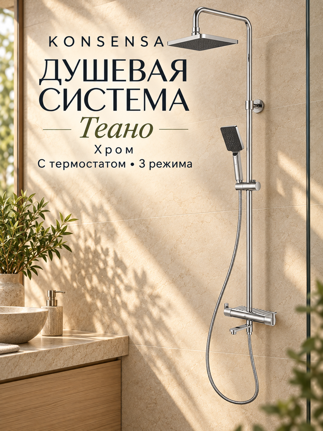 Душевая система KONSENSA Теано с термостатом 3 режима цвет хром
