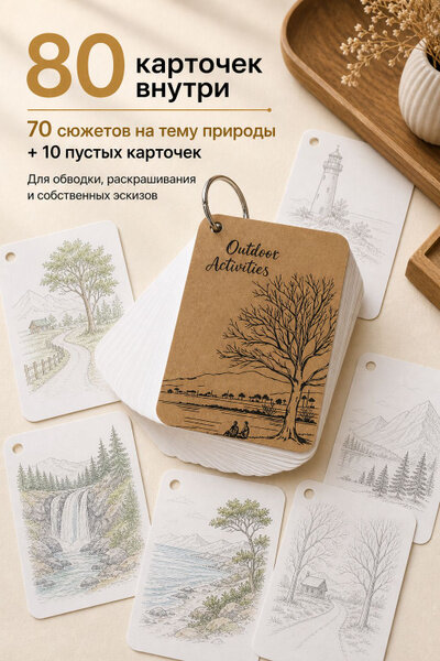 Раскраска-обводилка Outdoor Activities, природа и пейзажи, 70 контурных рисунков и 10 пустых карточек, антистресс для