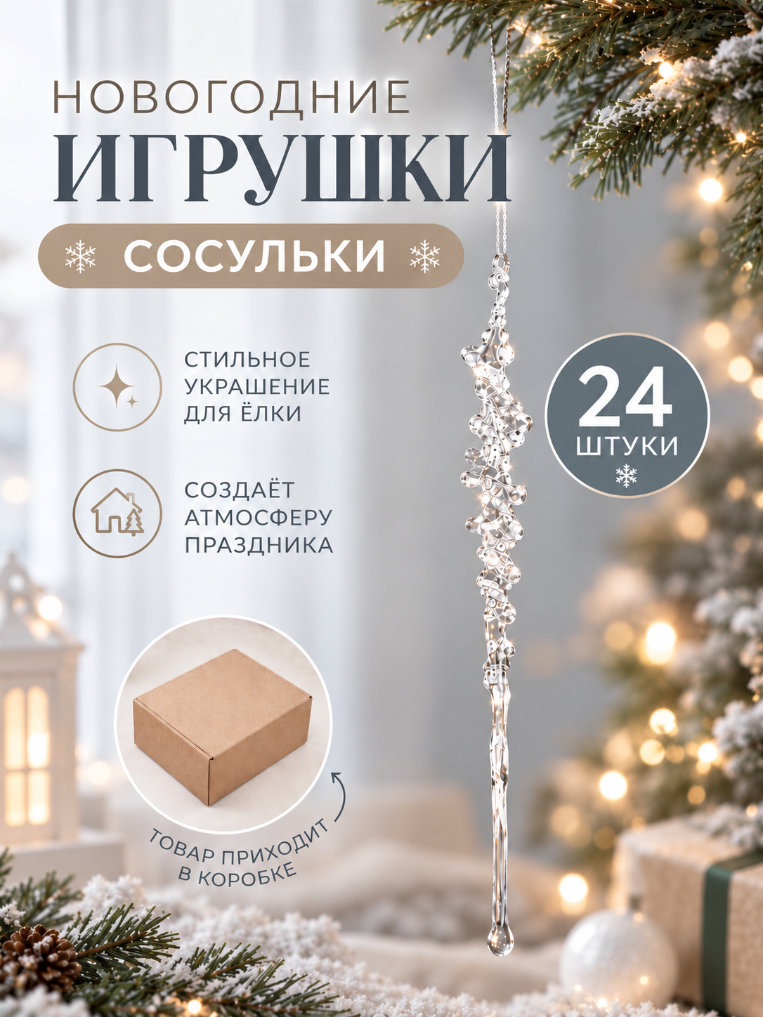 Елочные игрушки на елку, Сосульки прозрачные 24 шт.