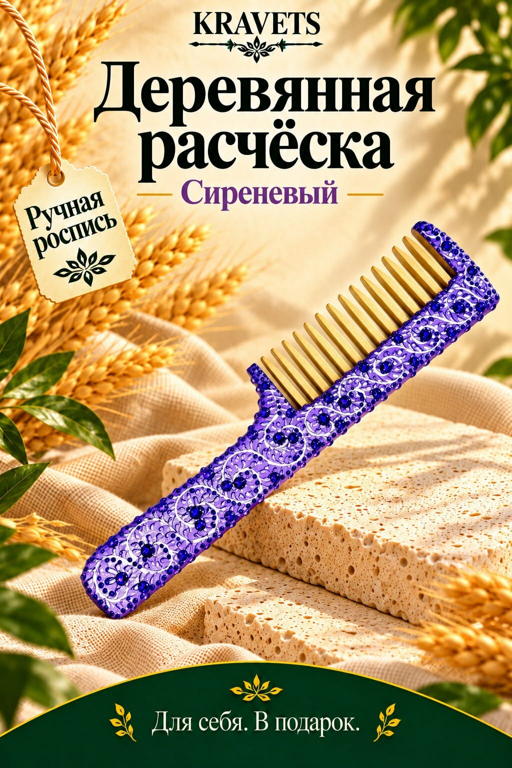 Расческа деревянная с ручной росписью и стразами, сиреневая с серебром, для подарка девушке