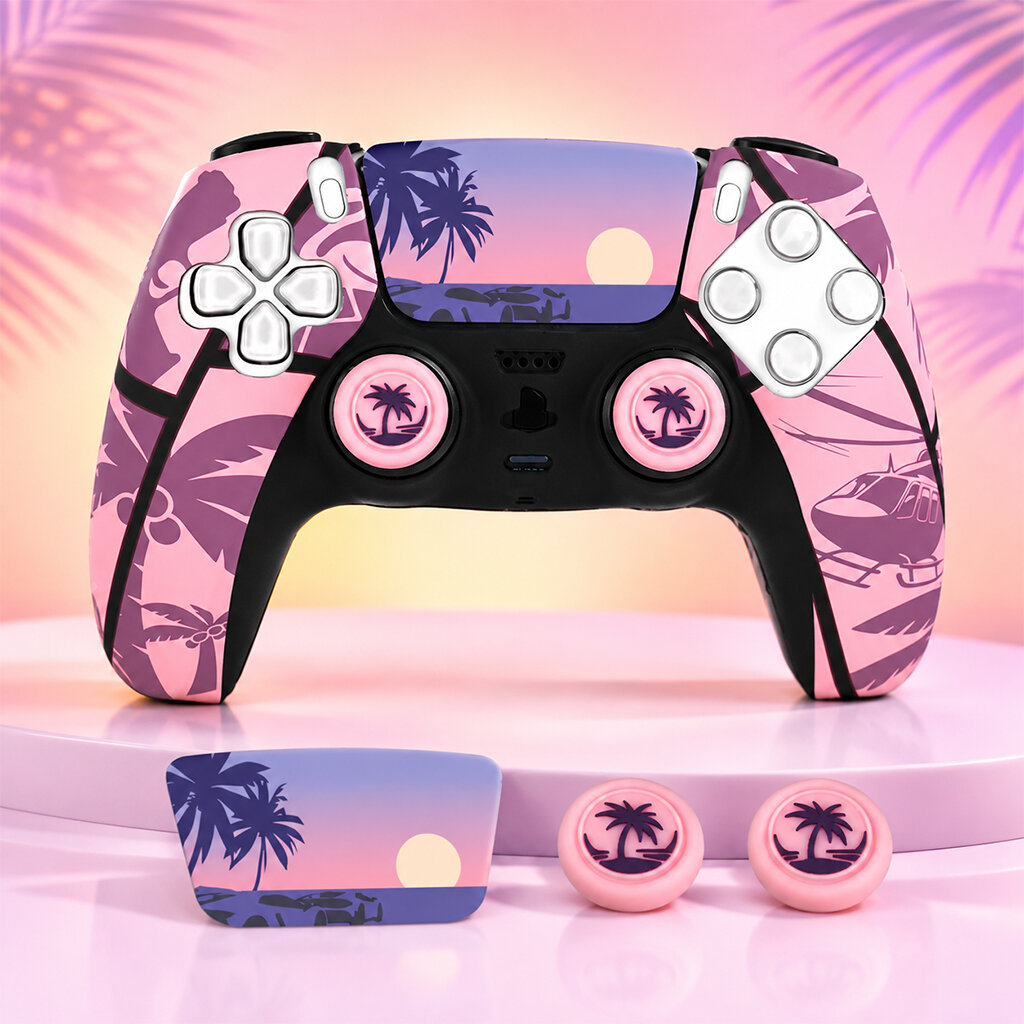 Силиконовый чехол для контроллера PS5 DualSense в стиле GTA 6, тропический чехол Vice City с наклейкой на тачпад и двумя накладками на стики.