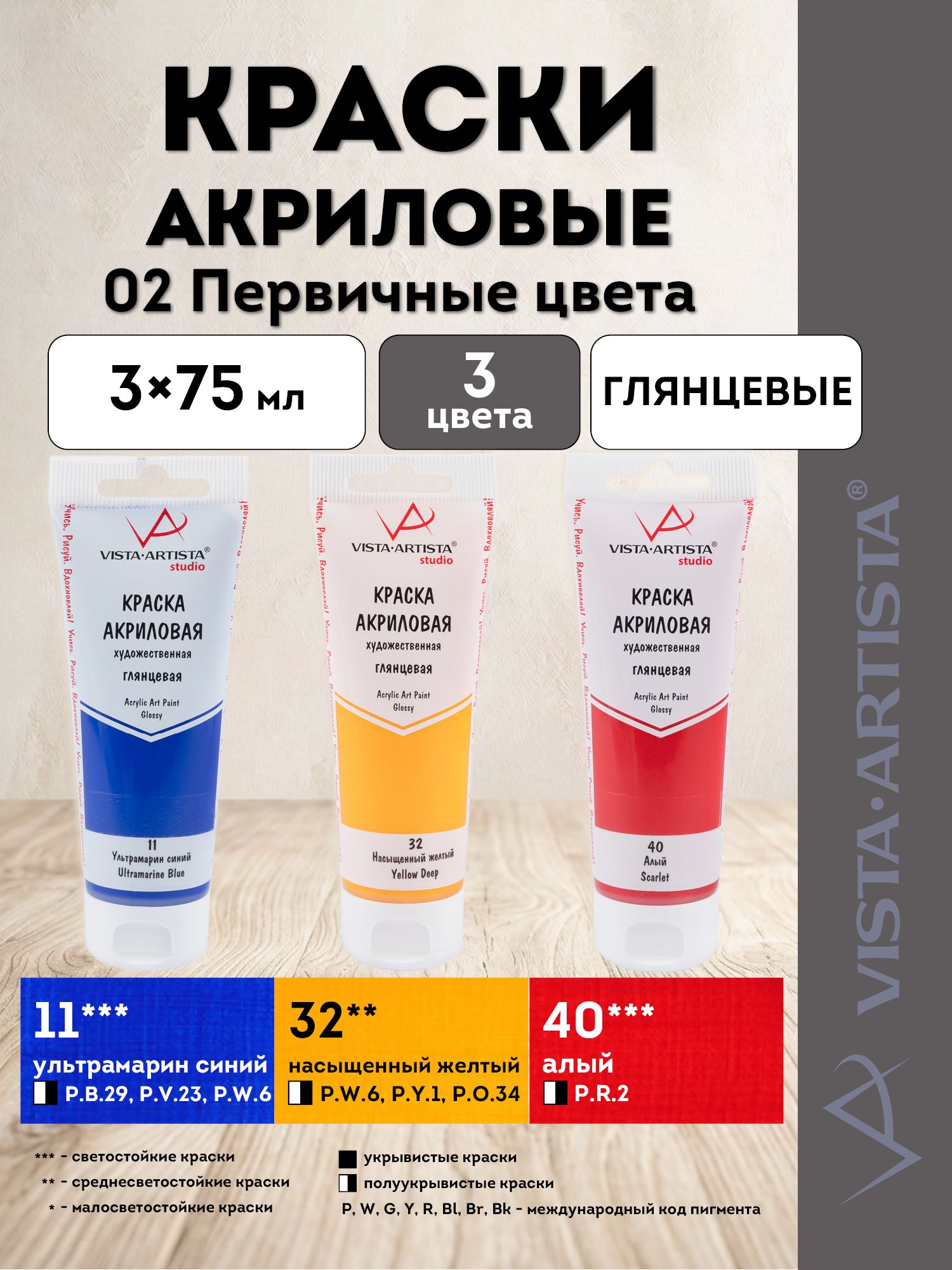 VISTA-ARTISTA краски акриловые глянцевые, набор Оттенки, 3 цвета по 75 мл, 02 Первичные цвета №2 (11, 32, 40) VAAGS-0375