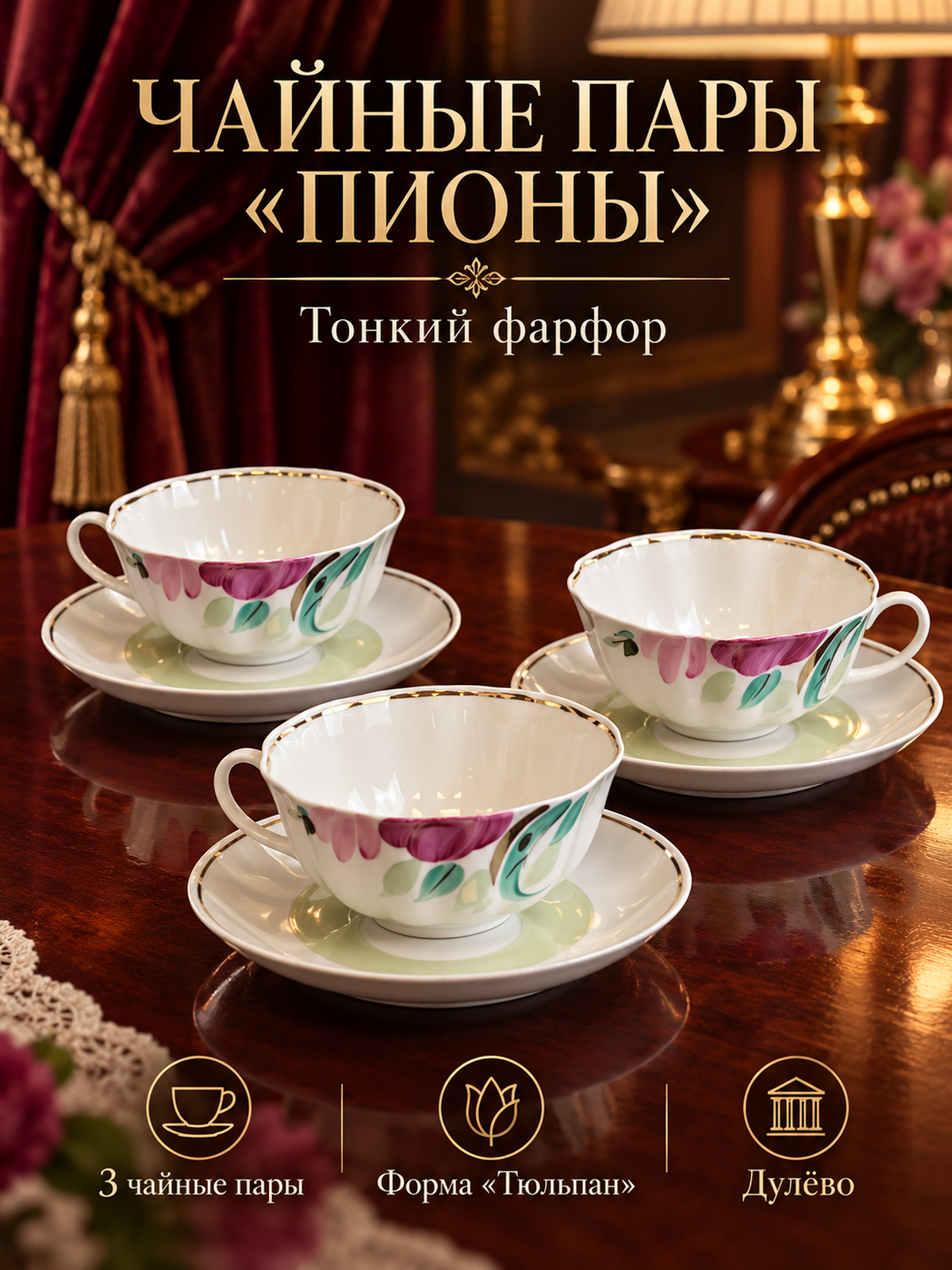 Чайные пары на 3 персоны фарфоровые из сервиза "Пионы", тонкий фарфор, роспись цветы, золочение, винтаж Дулево ФЗ 2000 год