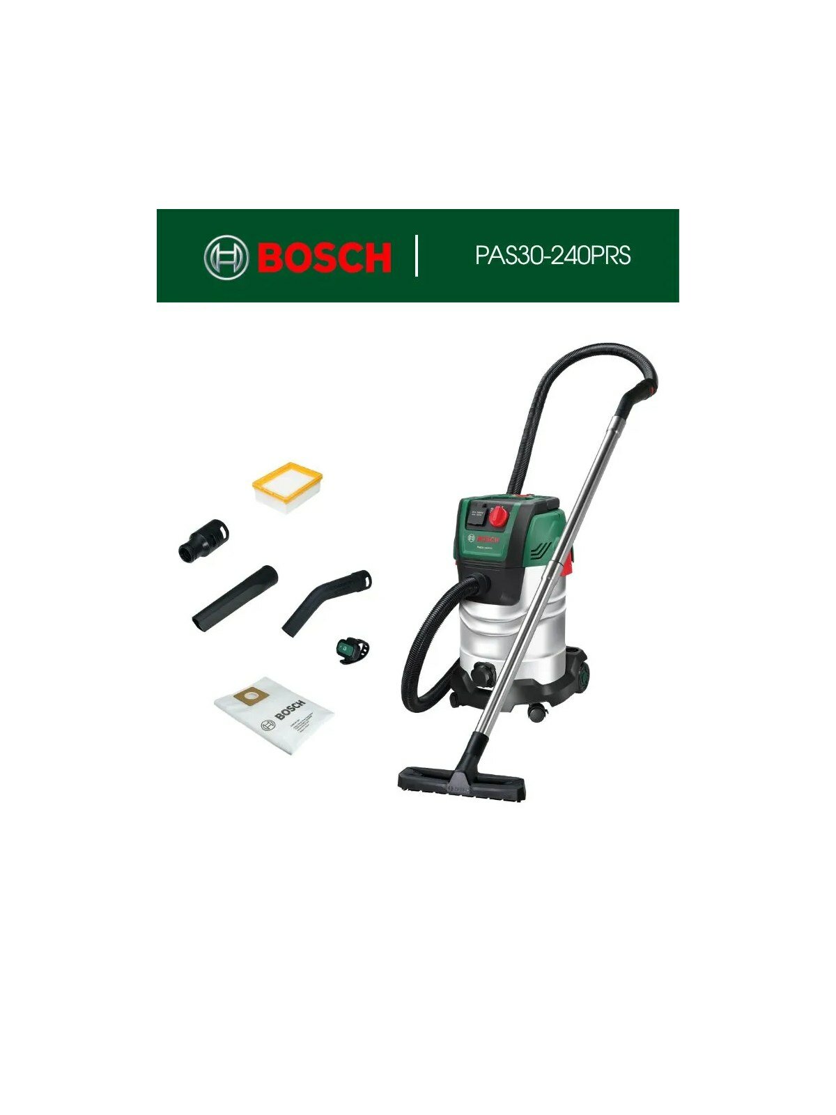 Строительный пылесос Bosch PAS 30-240PRS для влажной и сухой уборки с розеткой, 1400 Вт, 30 л, арт. 06033E7300