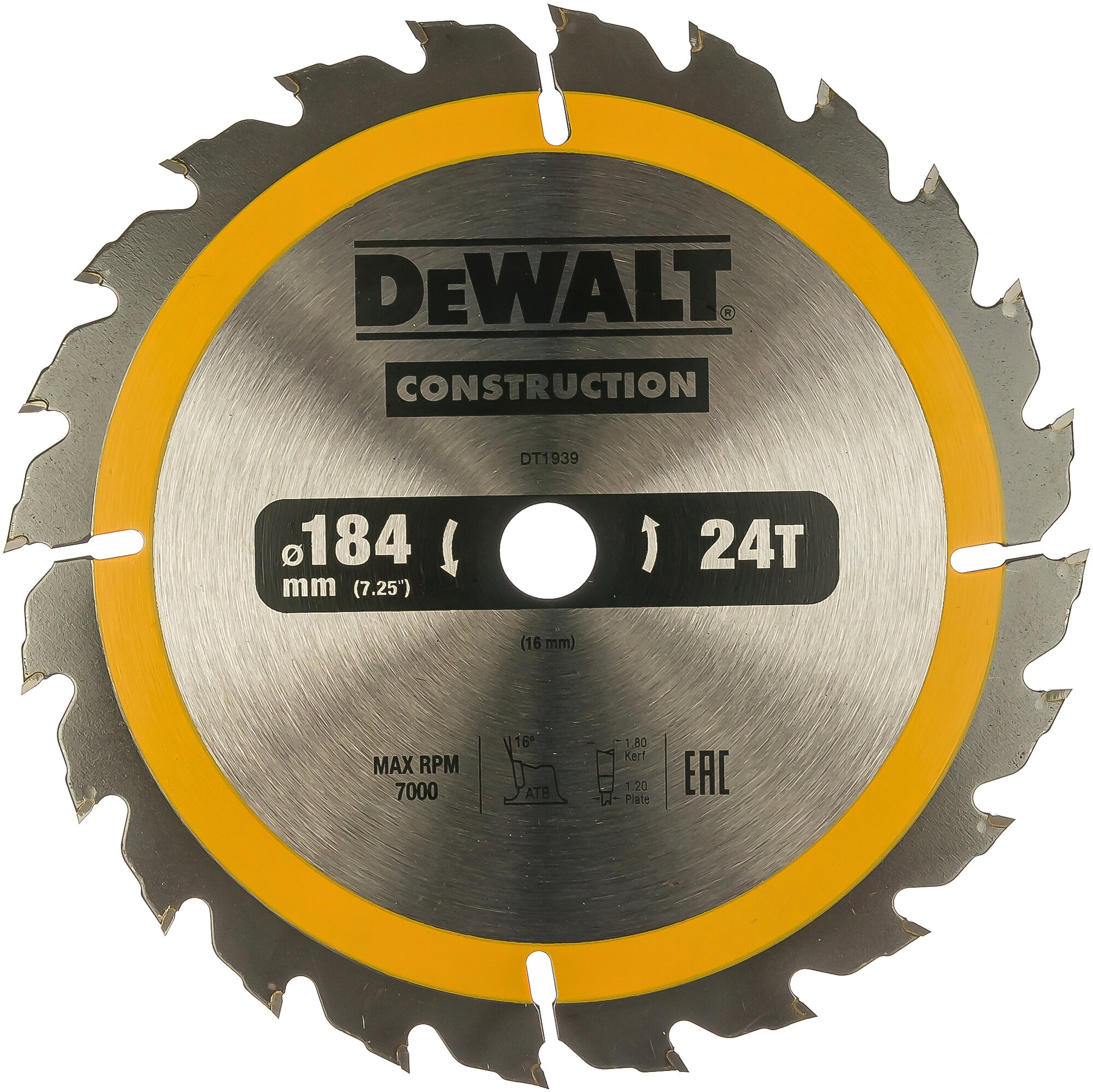 Пильный диск CONSTRUCT (184х16 мм; 24 ATB) DEWALT DT1939