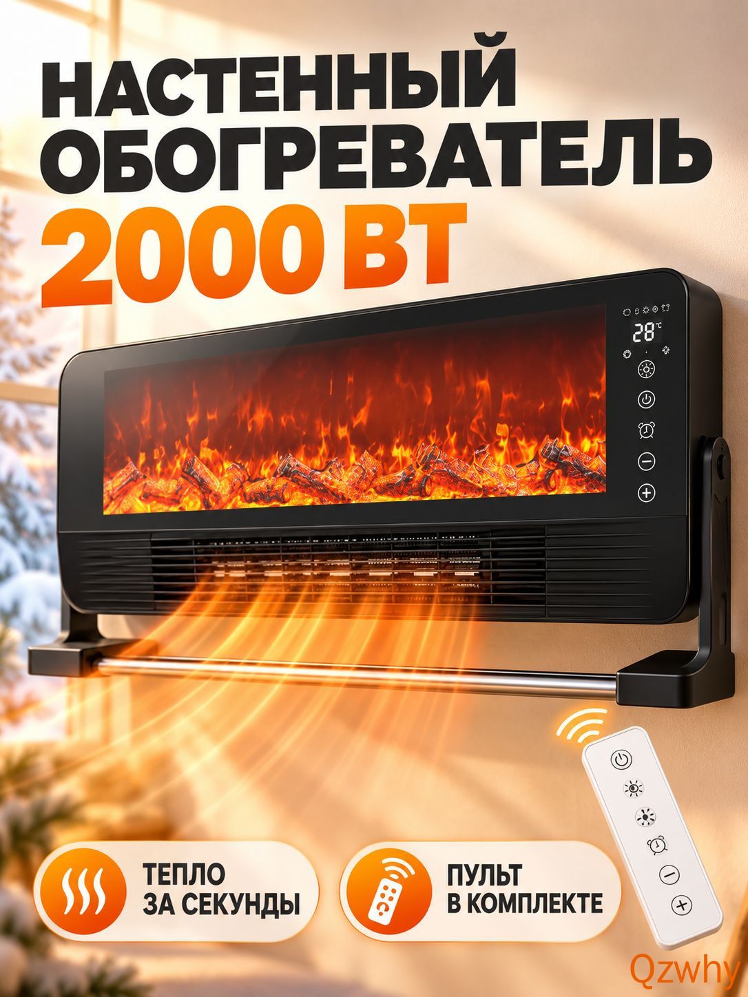 Электрический обогреватель тепловентилятор настенный и напольный с эффектом камина 2000 Вт, керамический PTC нагреватель с пультом ДУ и тайме