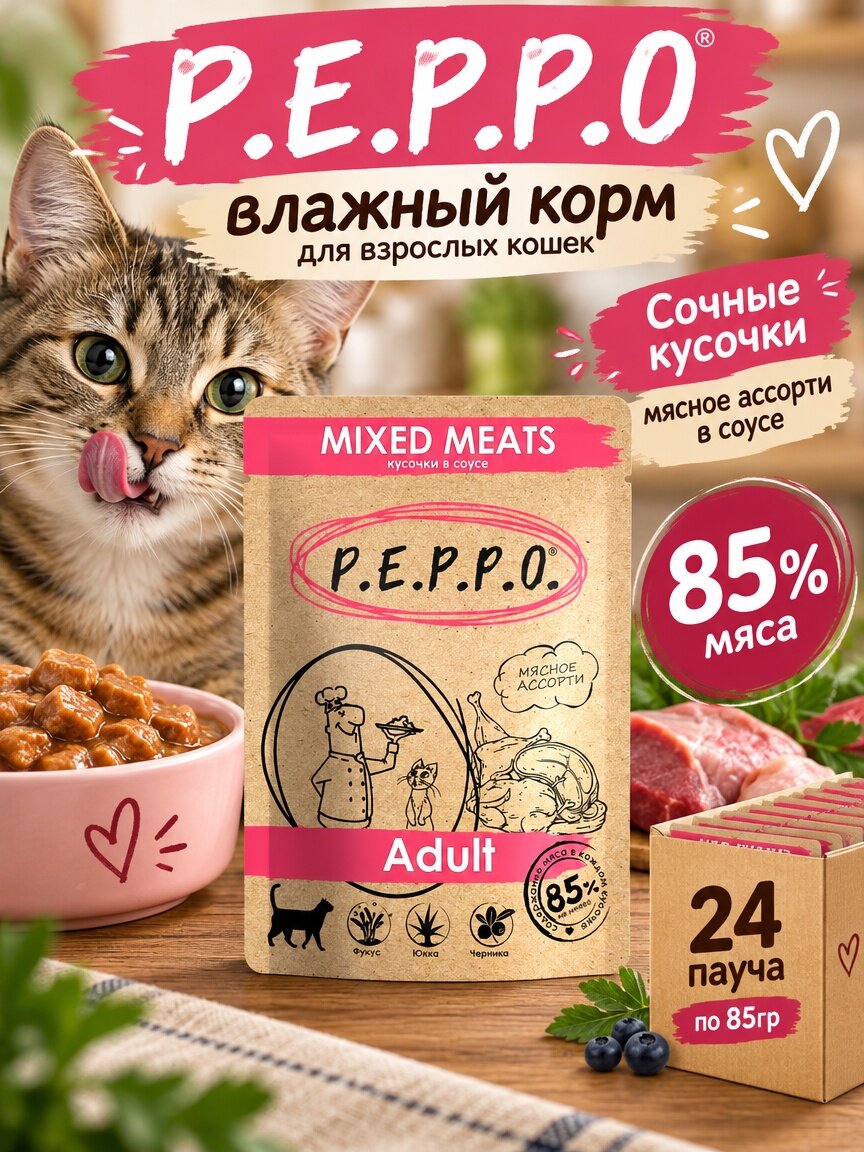 Пеппо (P.E.P.P.O) влажный корм для взрослых кошек кусочки в соусе Мясное ассорти 85гр*24шт
