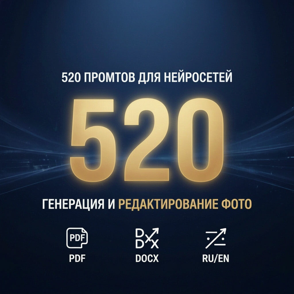 520 готовых промтов для генерации и редактирования фото. 12 категорий: портреты, товары, интерьеры, реставрация, арт, аниме, 3D. Русская и английская версии. PDF + DOCX. Мгновенная доставка.