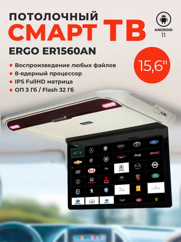 Потолочный Смарт ТВ монитор для автомобиля 15.6" Ergo ER1560AN (1920x1080, android), серый