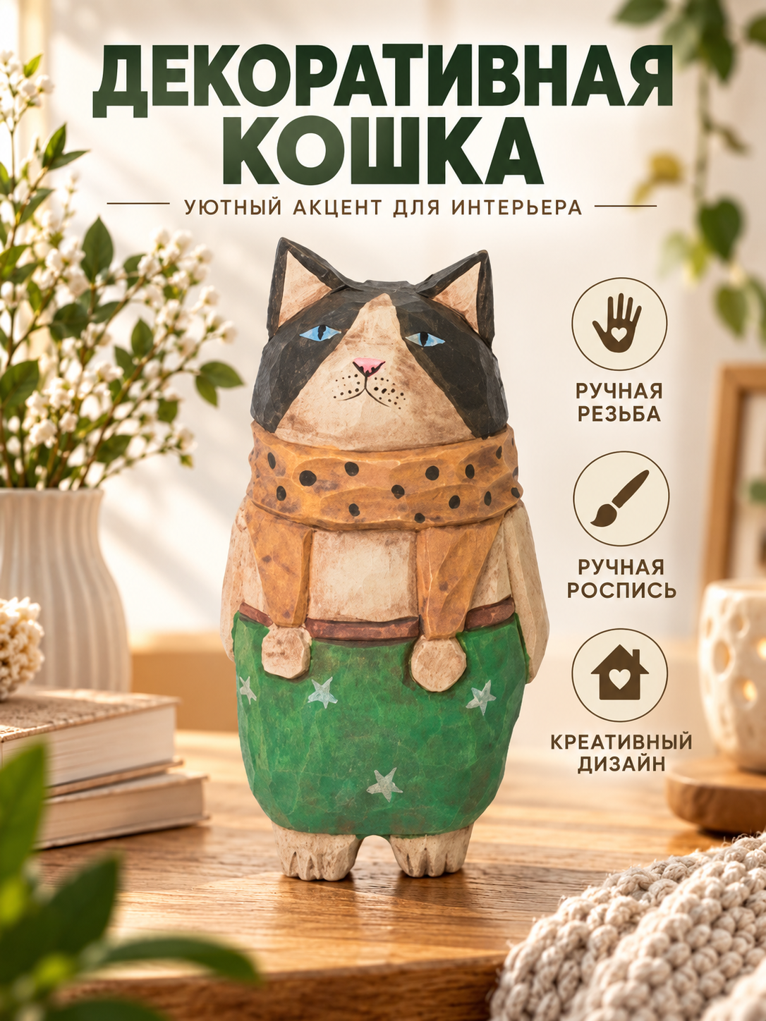 Деревянная фигурка кота ручной работы, два кота в шарфах, стильный декор для дома и подарок