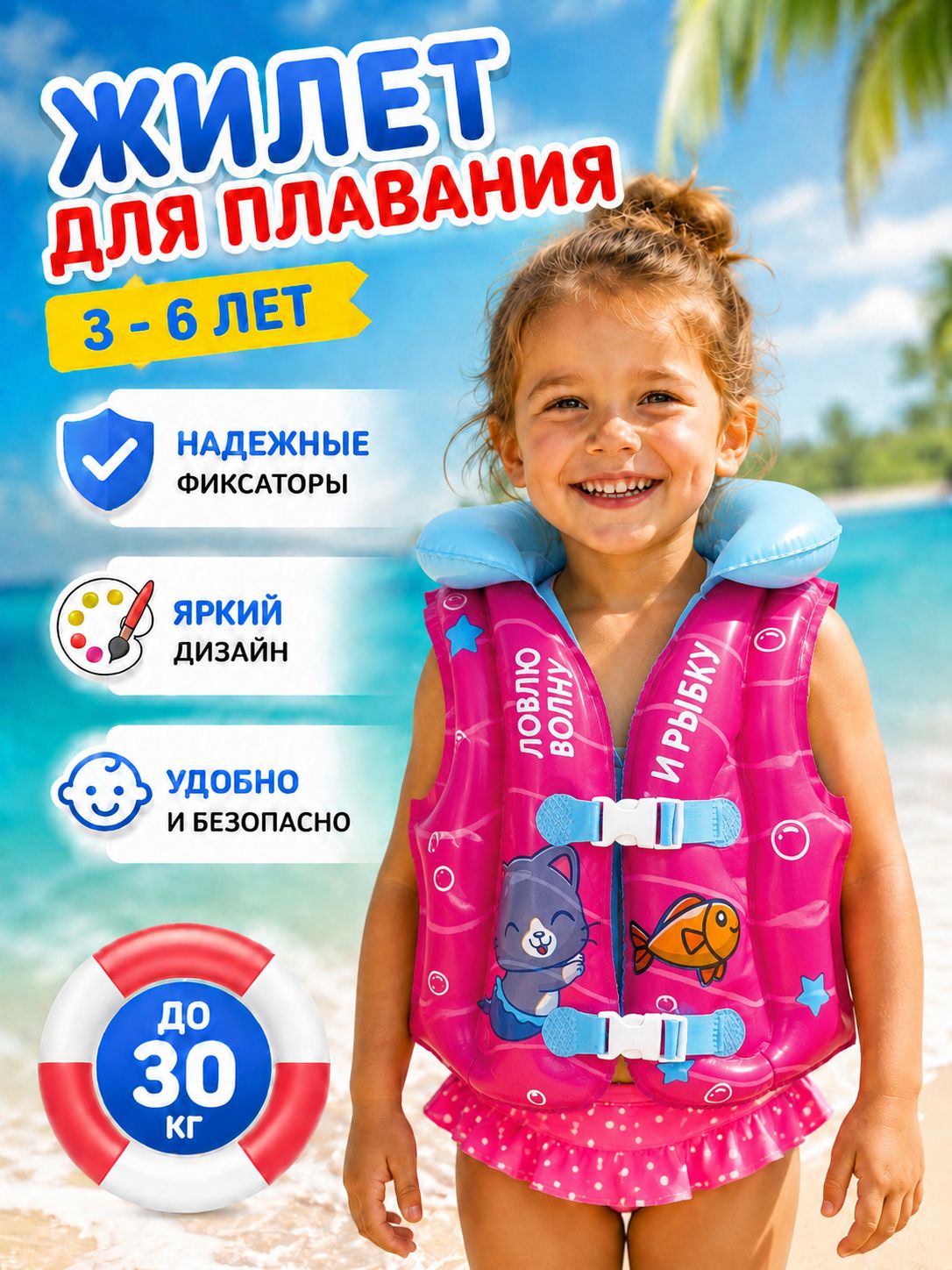 Жилет для плавания детский надувной от 3 лет 46*44 см