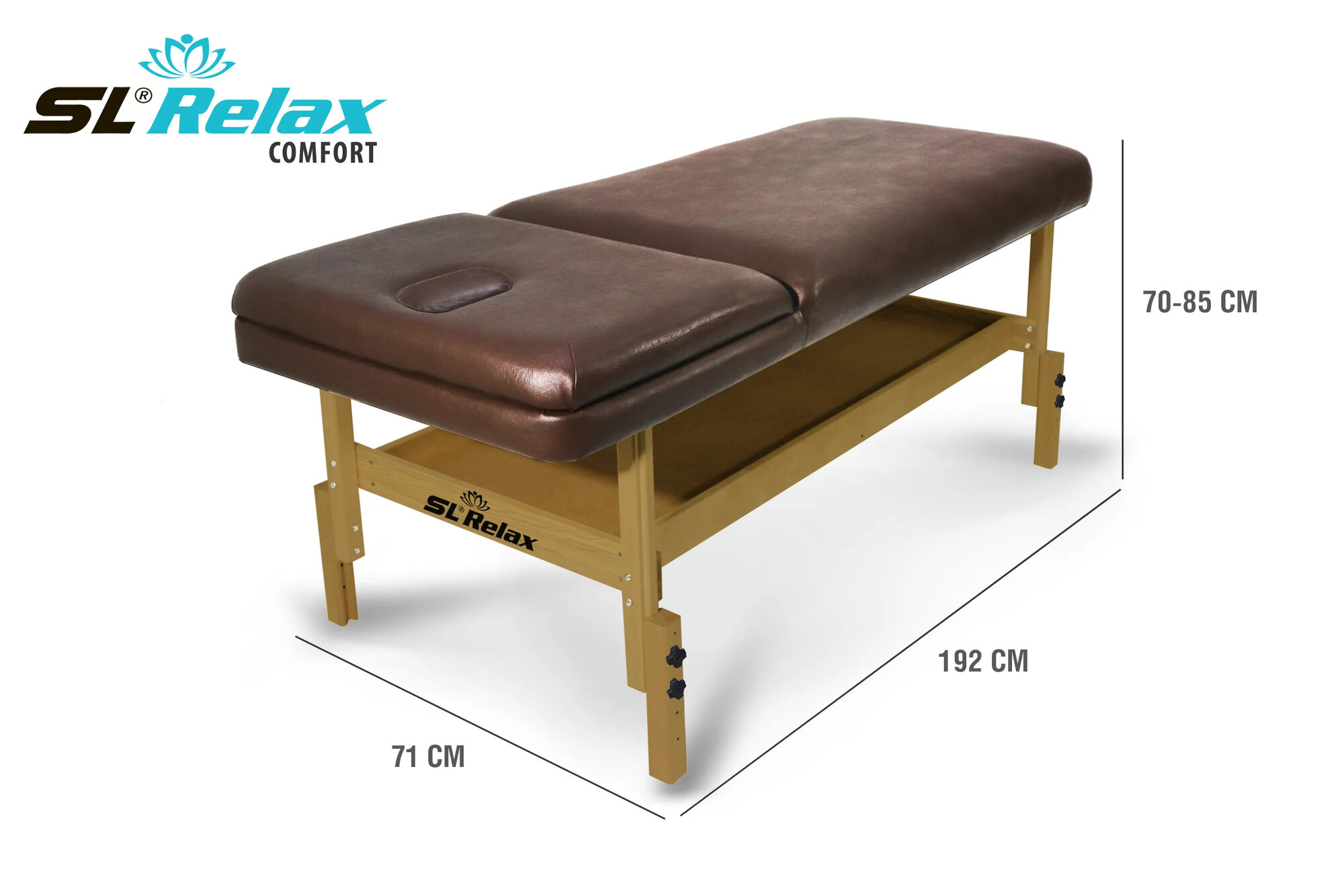 Стационарный двухсекционный массажный стол SL Relax Comfort, 192 × 71 см, высота 70–85 см, с регулируемым подголовником, отверстием для лица и полкой, коричневая экокожа, 1 шт.