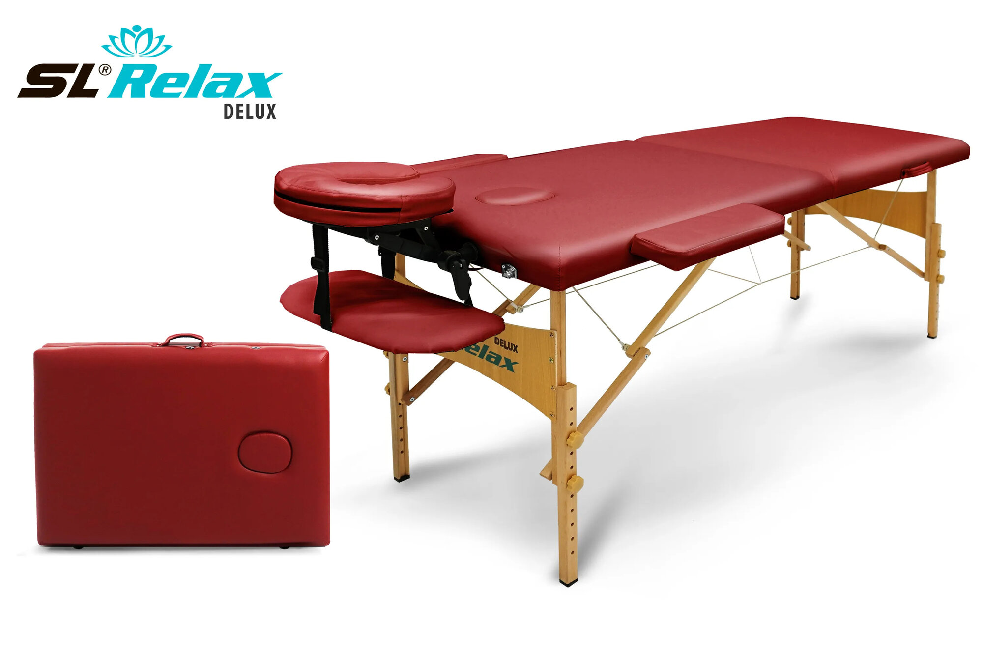 Складной двухсекционный массажный стол SL Relax Delux BM2523-1, ложе 185×60 см, деревянный каркас, подголовник, подлокотники и сумка, бордовый, 1 шт.