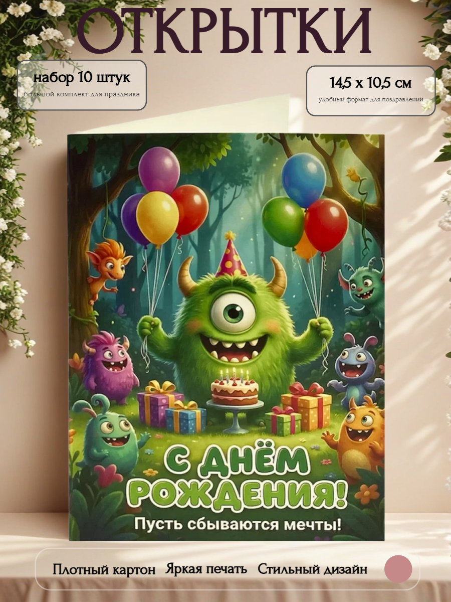 Открытка детская "С Днём Рождения" монстры, 14,5 х 10,5 см, набор 10 шт.