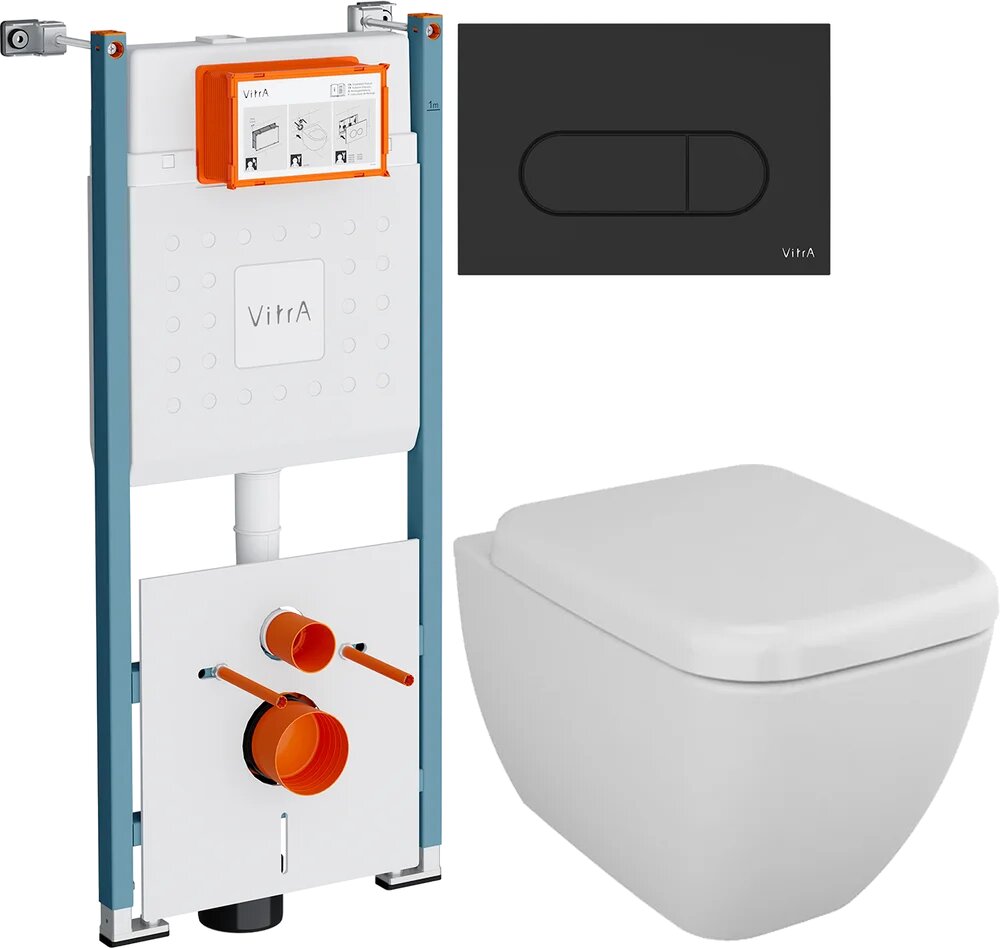 Комплект 4 в 1 Унитаз подвесной VitrA Shift 7742B003-0075, белая глянцевая / Сиденье 91-003-009, с микролифтом, петли хром / Инсталляция Ви-Фикс Кор (V-Fix Core) 732-5800-01PV, Кнопка Рут Раунд (Root