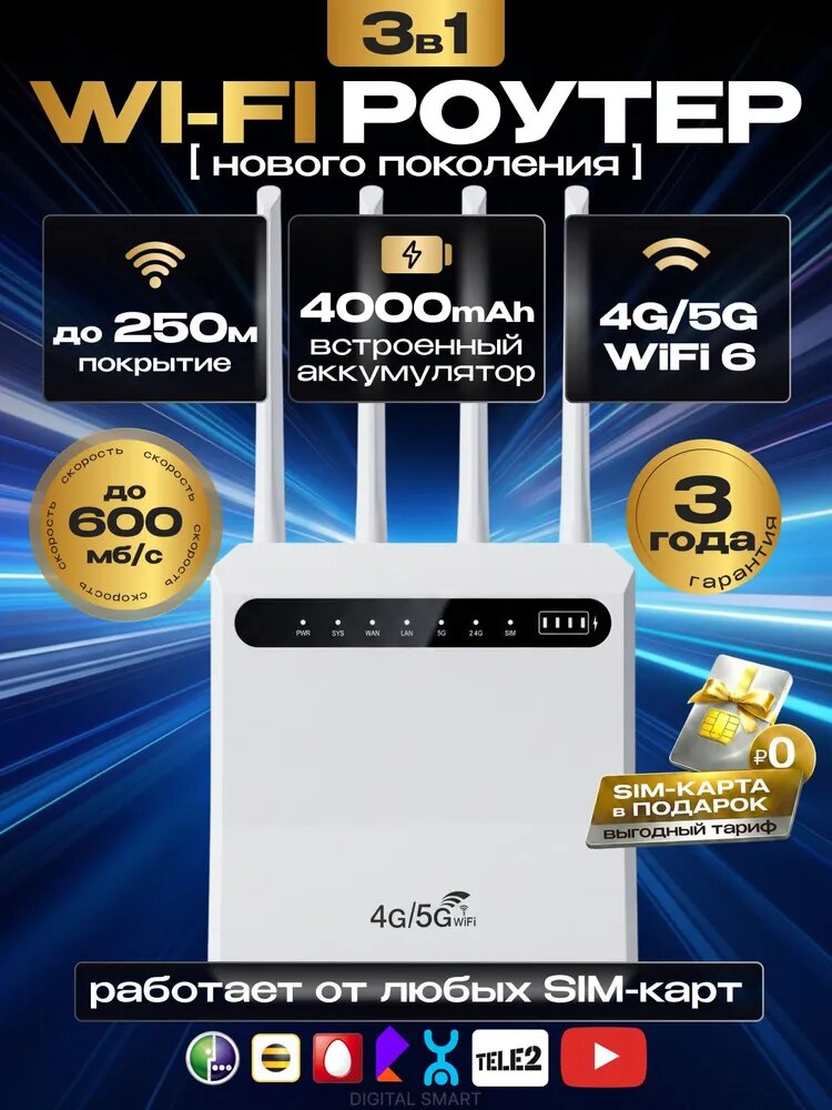 Wi-Fi роутер 4G/5G LTE с SIM-картой, аккумулятором 4000 мАч, 4 антеннами
