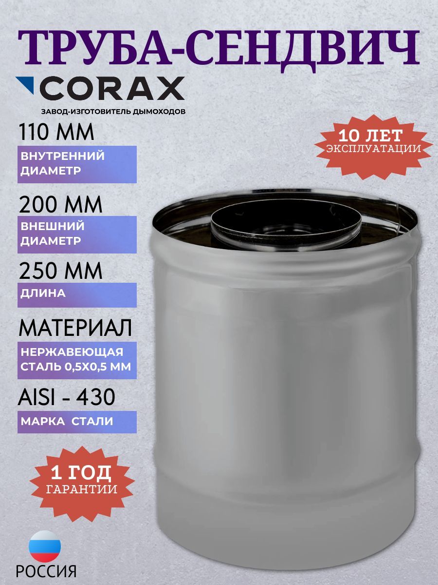 Труба-сэндвич Ф 110х200 L 0,25м (430/0,5х0,5)