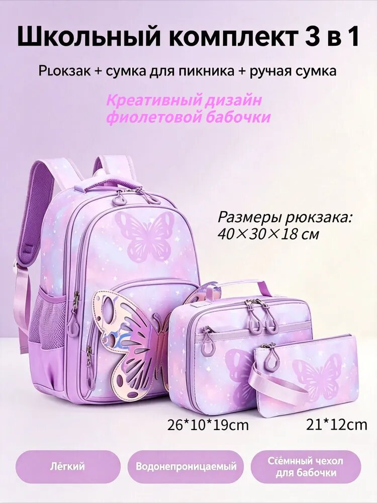 Школьный рюкзак 3 в 1 с сумкой для обеда и пеналом, фиолетовый, с бабочкой
