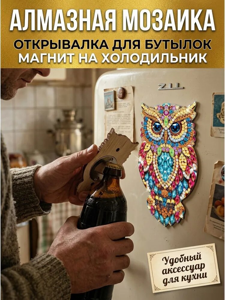 Алмазная мозаика: открывалка для бутылок в форме совы с мандалой, с магнитом, наклейка на холодильник, практичный декор для дома